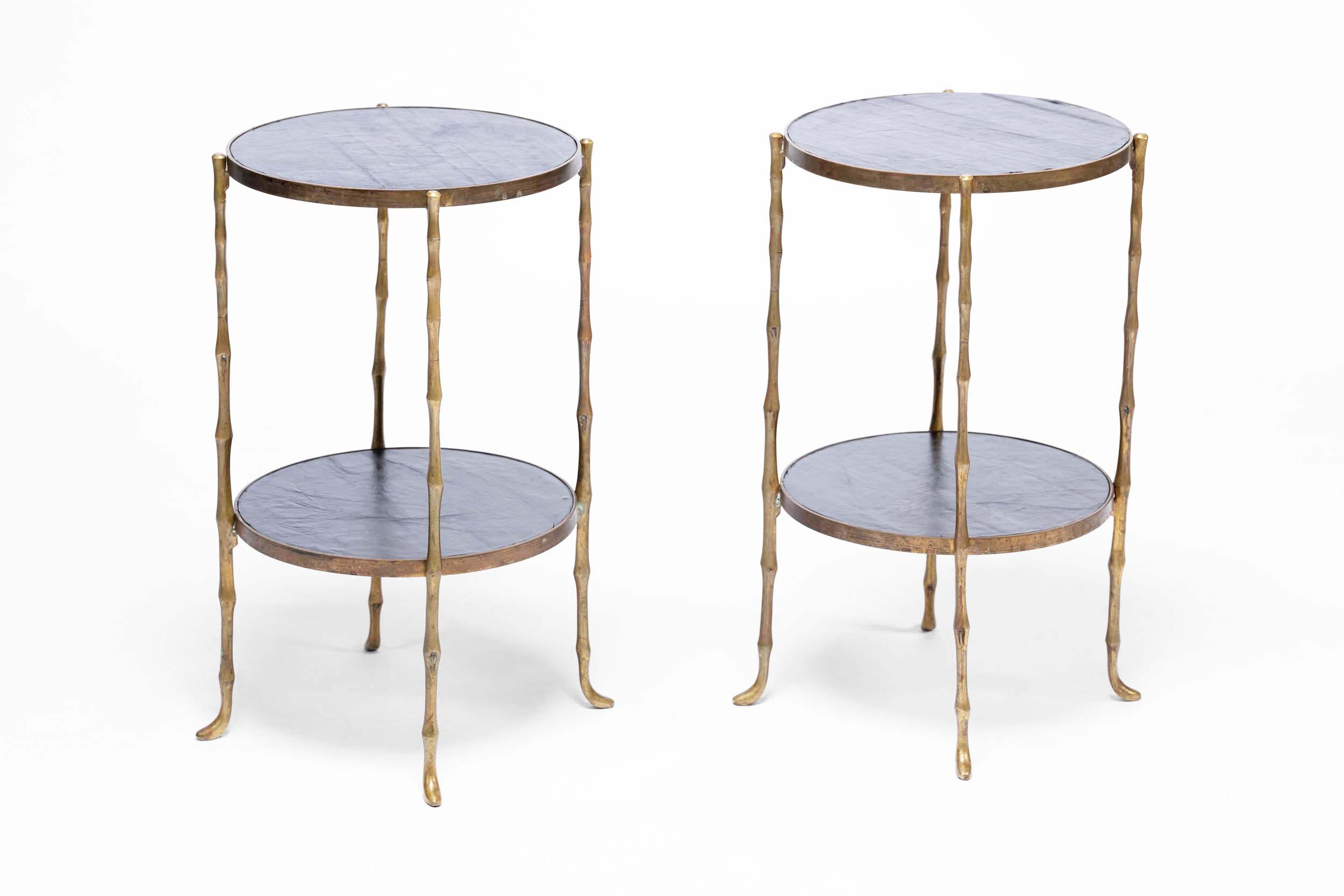 Pair 1930's Brass & Leather Side Tables - Wallrocks Antiques