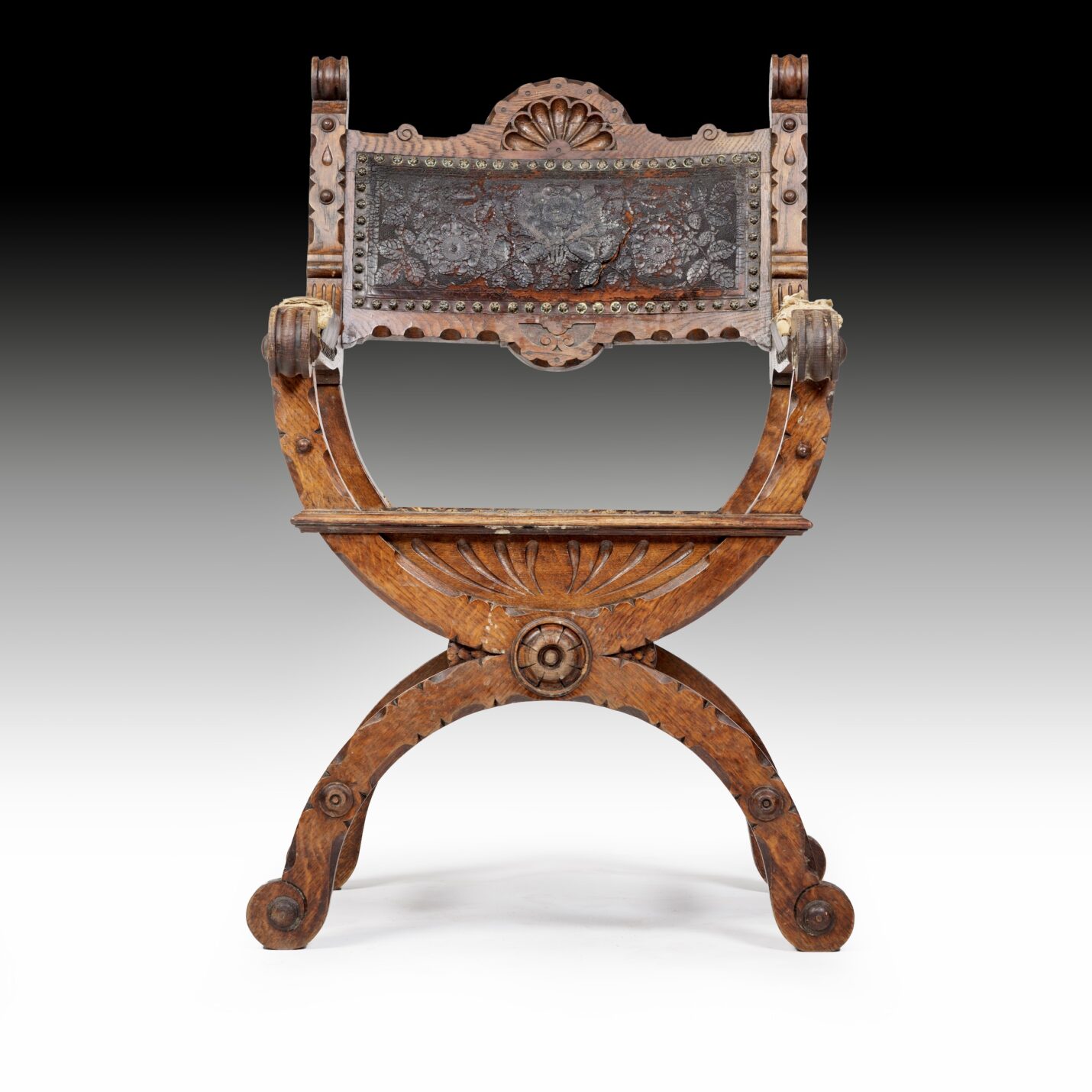 19th Century French Oak X-frame Arm Chair - Wallrocks Antiques